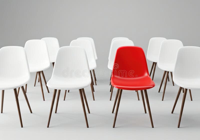 Rows of Modern White Chairs with Wooden Legs, One Red Chair in the ...