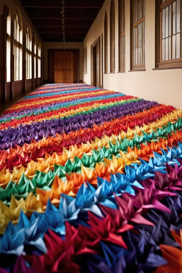 Rows of Multi-colored Origami Paper Cranes Stock Illustration ...