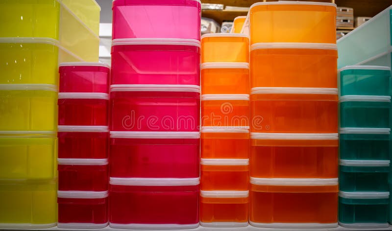 Rows of Multi-colored Storage Bin Totes in a Retail Store Shelving ...