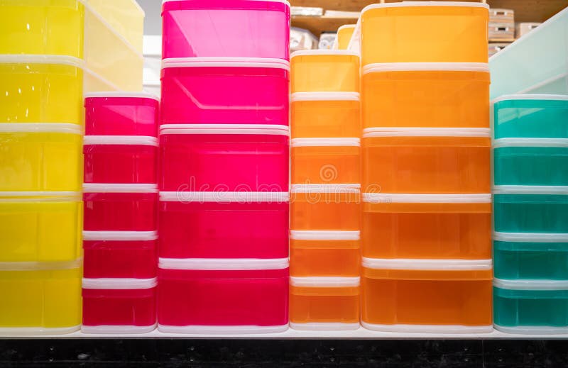 Rows of Multi-colored Storage Bin Totes in a Retail Store Shelving ...