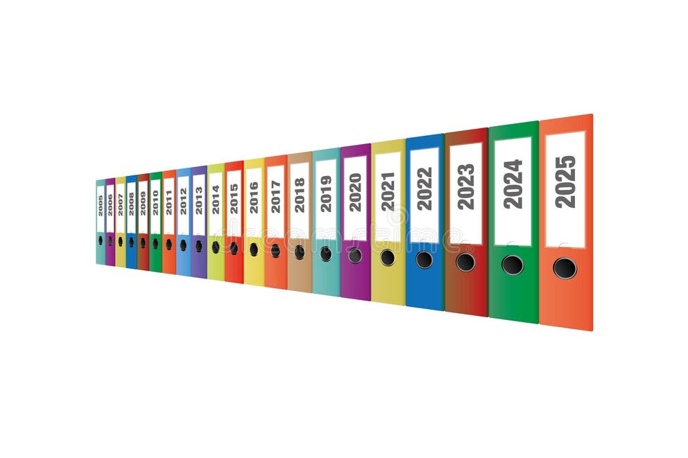 Rows of Multicolored Binders with Years from 2005 Tot 2025. Stock ...