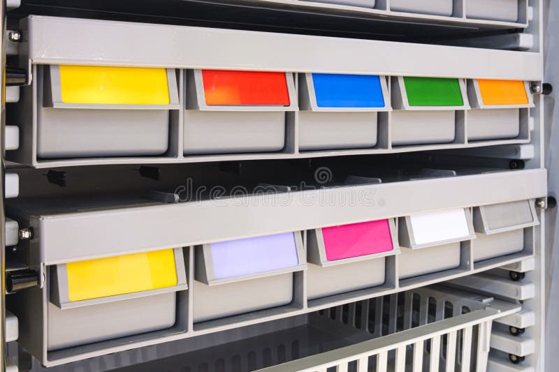 Rows of Multicolored Plastic Boxes for Components Stock Photo - Image ...