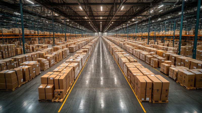 Large Distribution Warehouse with Organized Rows of Boxes Ready for ...