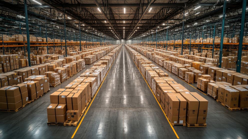 Large Distribution Warehouse with Organized Rows of Boxes Ready for ...