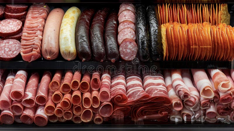Rows of Neatly Stacked and Sliced Meat S Including Sausages Bacon and ...