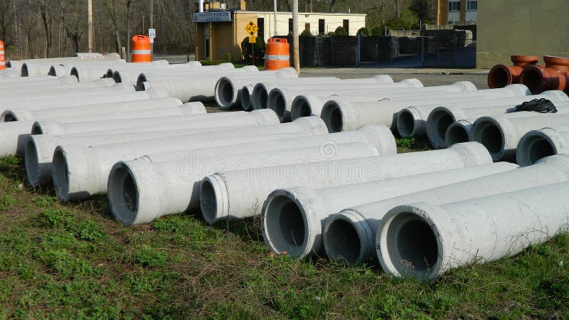 Rows of New Concrete Drainage Pipes Stock Image - Image of development ...