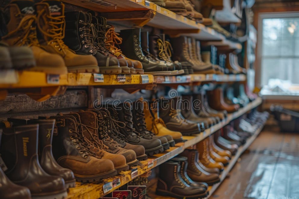 Rows of New Work Boots Being Offered for Sale Stock Image - Image of ...