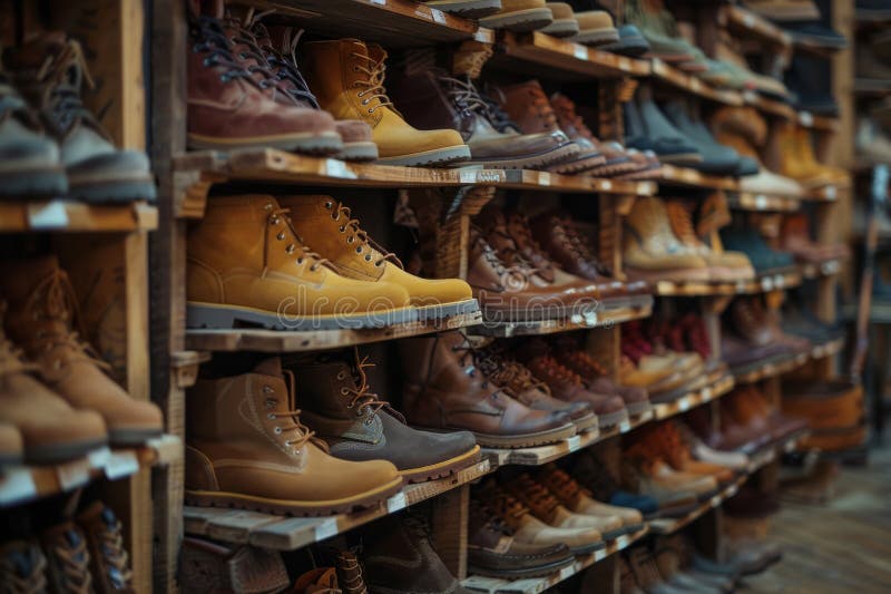 Rows of New Work Boots Being Offered for Sale Stock Image - Image of ...