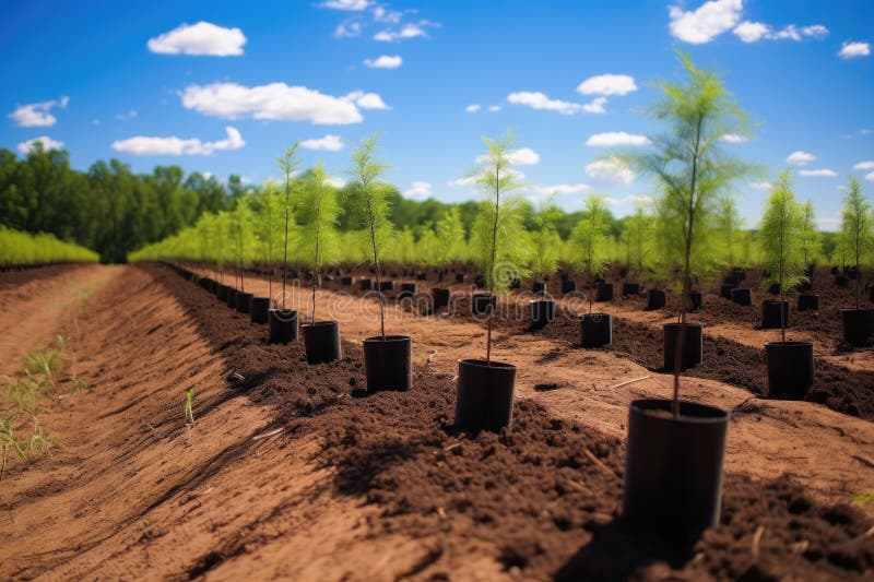 Rows of Newly Planted Trees in a Reforestation Project Stock Image ...