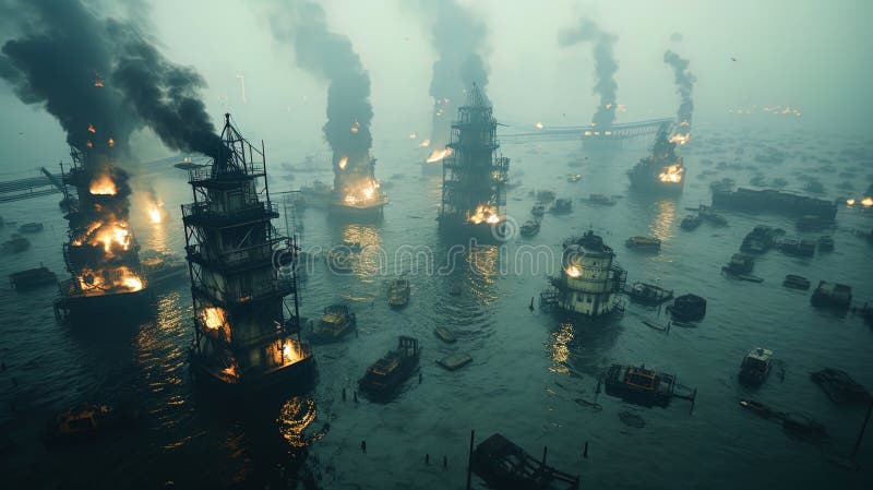 Rows of Oil Towers Located Far from the Coast, Like a Symbol of ...
