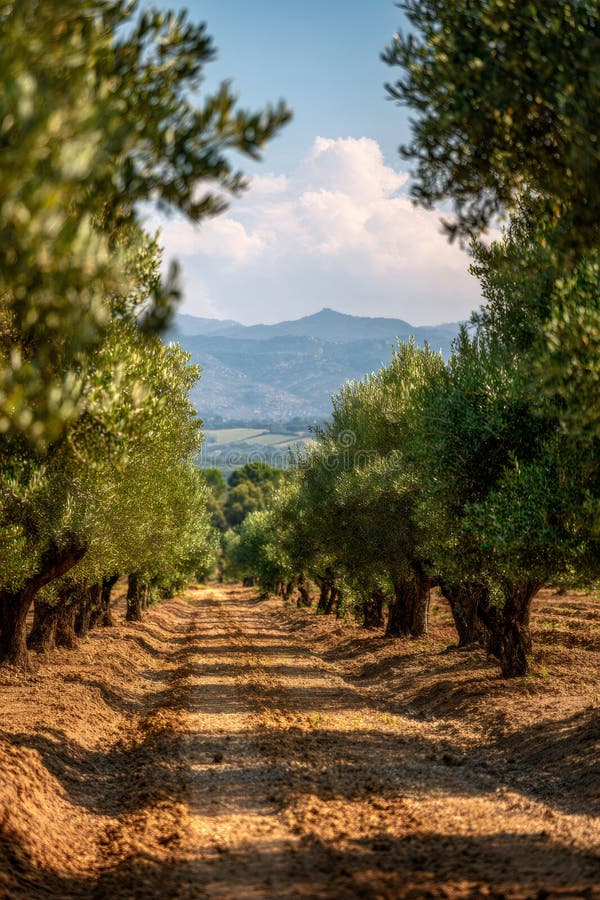 Rows of Olive Trees Creating a Path in an Agricultural Landscape with ...