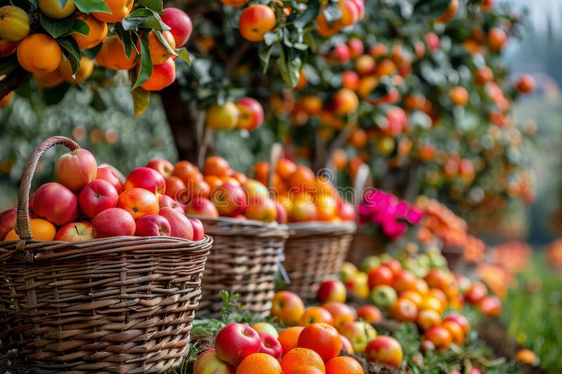 Rows of Orange and Apple Trees in a Fruit Orchard at Sunset Stock Image ...