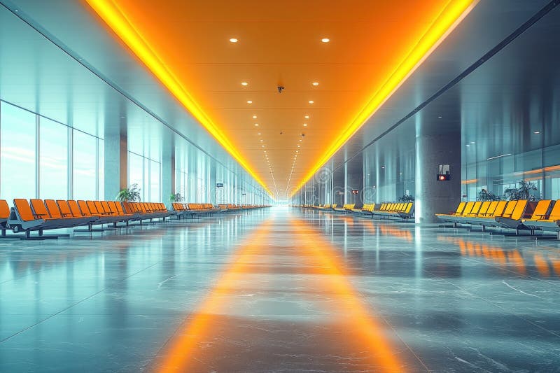 Rows of Orange Chairs Line a Long Hallway Stock Image - Image of chairs ...