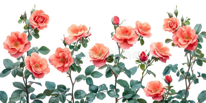 Rows of Orange Roses with Green Leaves Isolated on Transparent ...