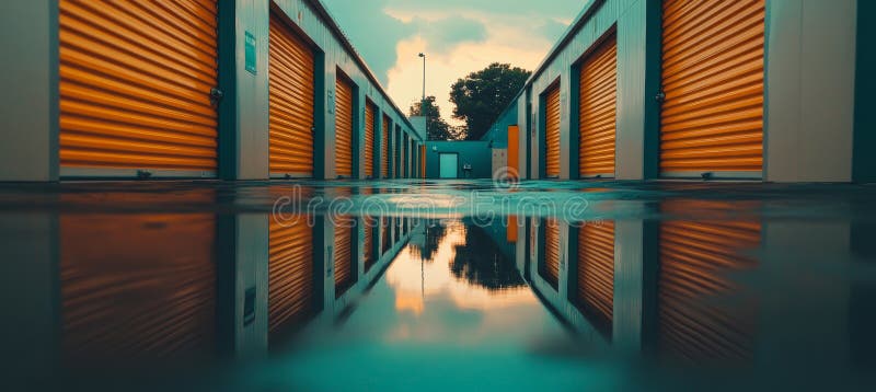 Rows of Orange Self Storage Units with a Sunset Reflection in Standing ...