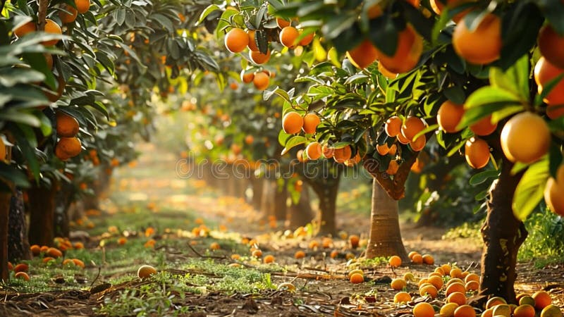 Rows of Orange Trees Showcase Vibrant Fruit on Branches and Fallen on ...