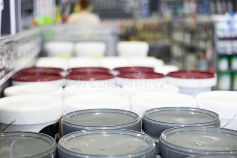 Rows of Paint Cans in Building Materials Store Stock Photo - Image of ...
