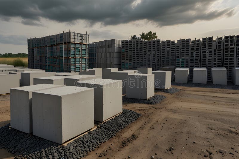 Rows of Palletized Concrete Blocks Stored on a Construction Yard Stock ...