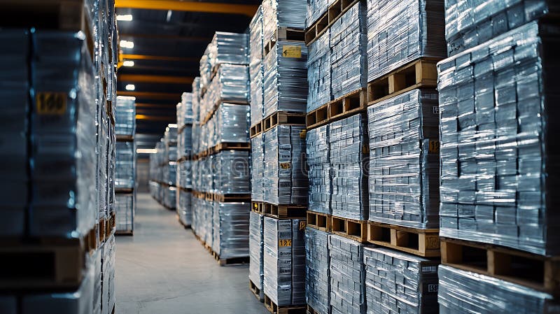 Rows of Pallets with Packaged Goods in a Warehouse Stock Photo - Image ...