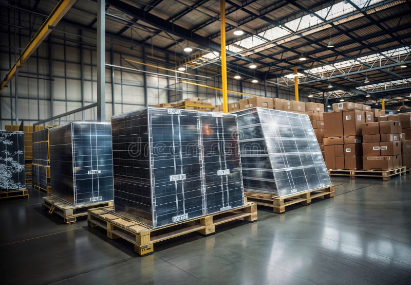 Large Warehouse with Rows of Pallets and Racks Full of Solar Panels ...