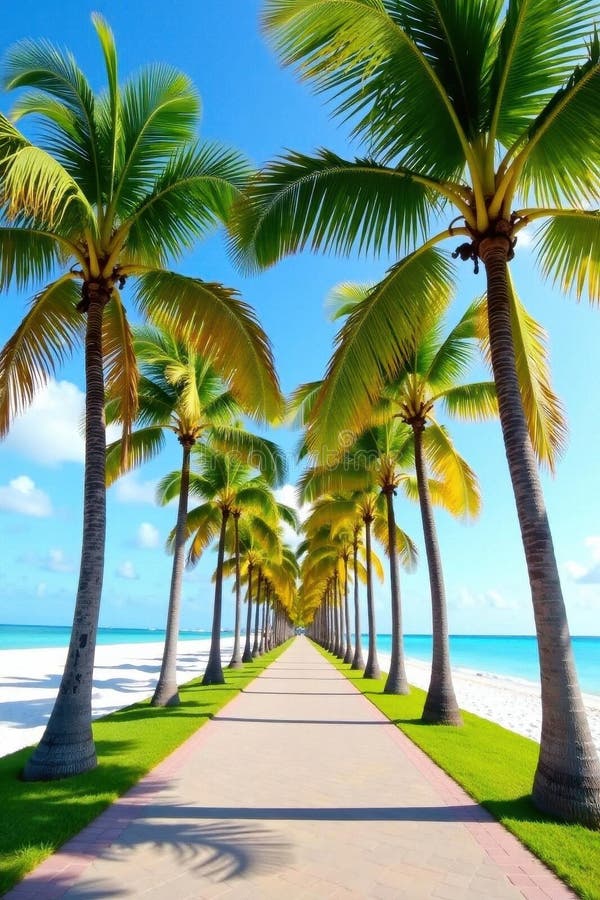 Rows of Palm Trees Line a Miami Beach Walkway , Miami, Sun Stock ...