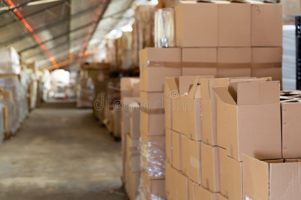 Rows of Pasteboard Boxes on Racks in Storehouse Stock Photo - Image of ...