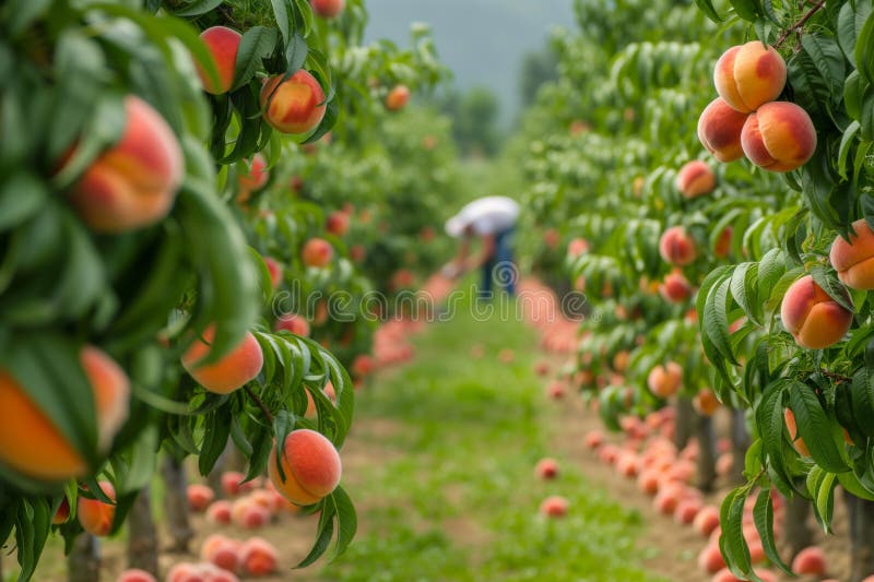 Rows of Peach Trees with a Farmer Checking Fruit Quality Stock Image ...