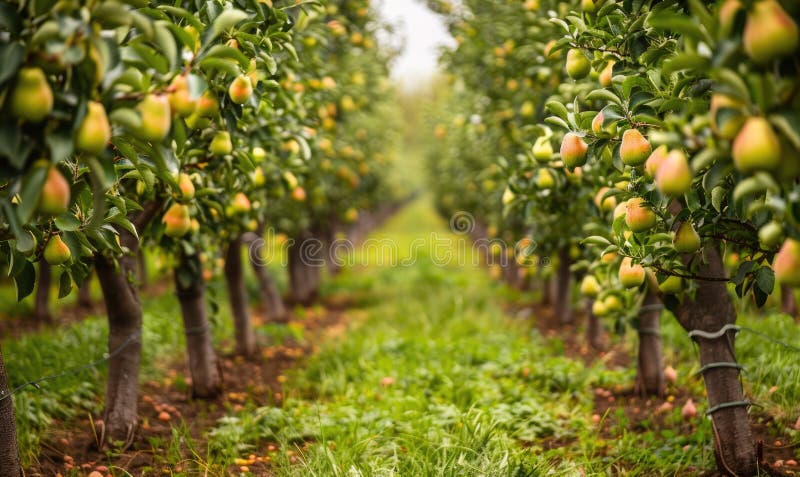 Rows of Pear Trees in an Orchard Stock Photo - Image of orchard, sunny ...