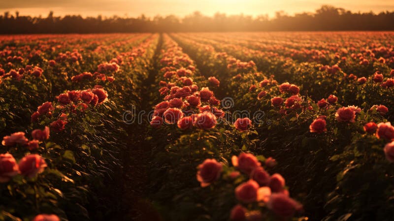 Rows of Pink Roses in a Field at Sunset Stock Illustration ...