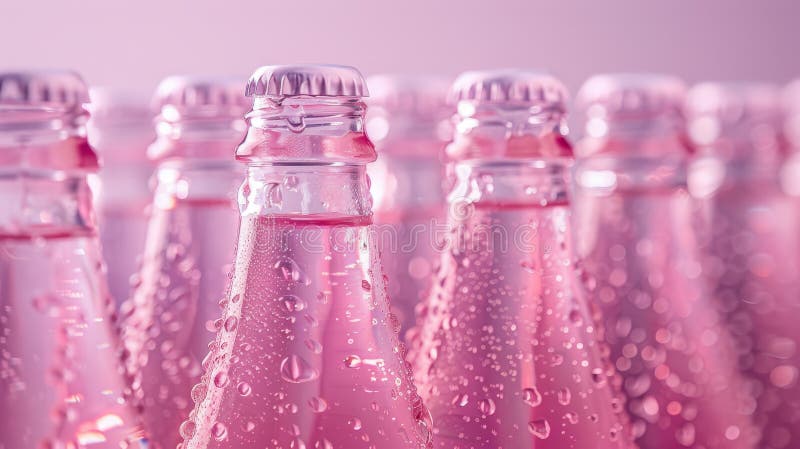 Rows of Pink Soda Bottles with Condensation Against a Pink Background ...