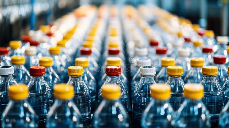 Rows of Plastic Bottles with Colorful Caps, Suggesting Mass Production ...