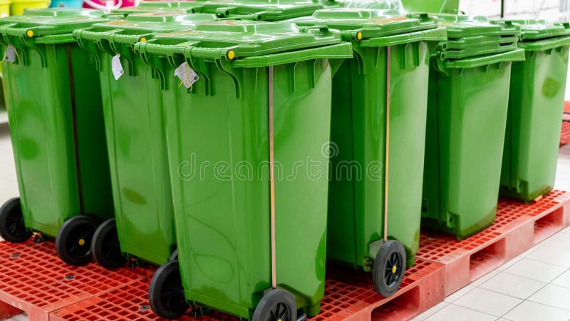 Rows of Plastic Trash Cans. Plastic Trash Can. Trash Can. Garbage Bin ...