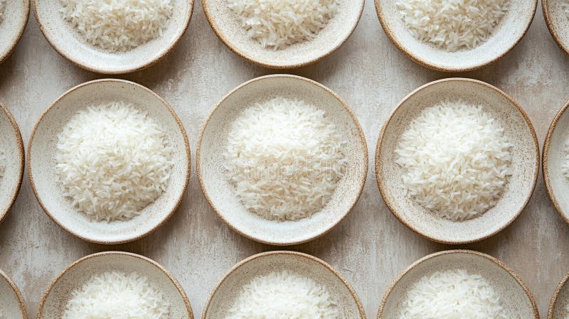 Rows of Plates Filled with White Rice, Arranged in a Pattern. Stock ...