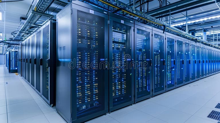 Rows of Powerful Servers in a Modern Data Center. Blue Lights ...