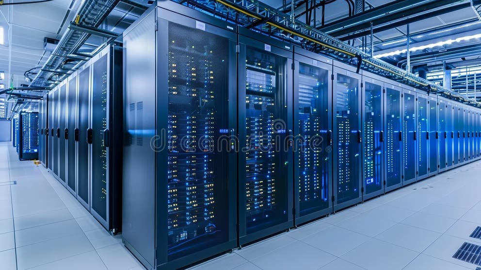 Rows of Powerful Servers in a Modern Data Center. Blue Lights ...