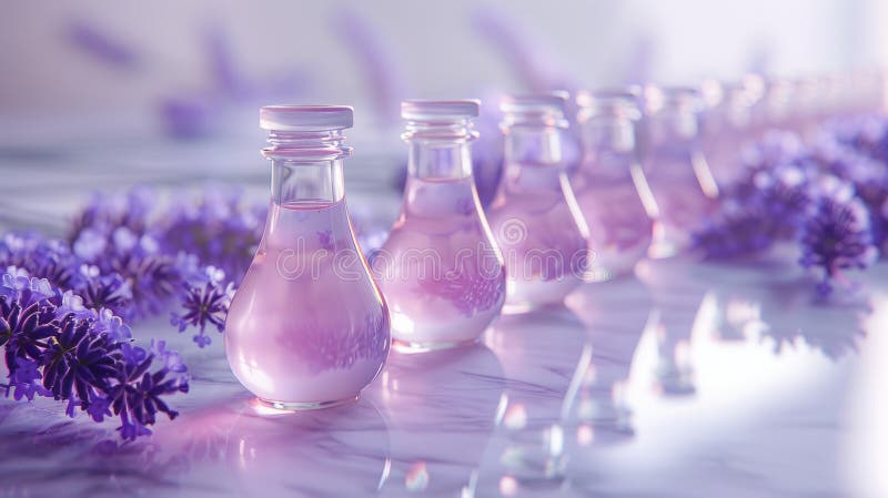 Rows of Purple Perfume Bottles among Lavender Flowers. Stock Image ...