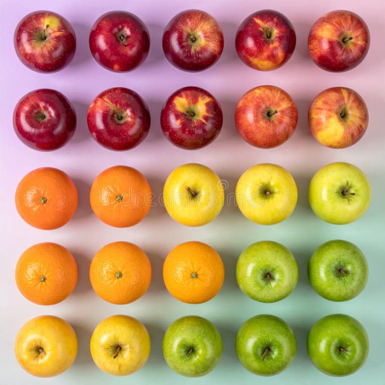 Rows of Red Apples Oranges and Yellow Green Apples on Gradient ...