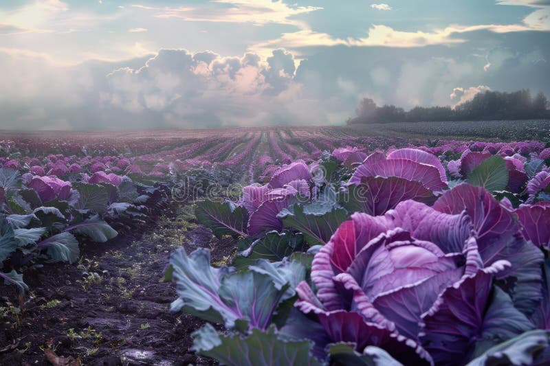 Rows of Red Cabbage Growing in Farm Field at Sunset Stock Illustration ...