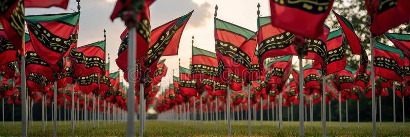 Rows of Red and Green Flags with Black Symbols Waving in the Breeze at ...