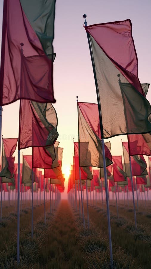 Rows of Red and Green Flags in a Grassy Field at Sunset Stock ...