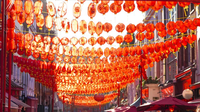 Rows Red Lanterns Creating Beautiful Modern Festive Atmosphere Stock ...