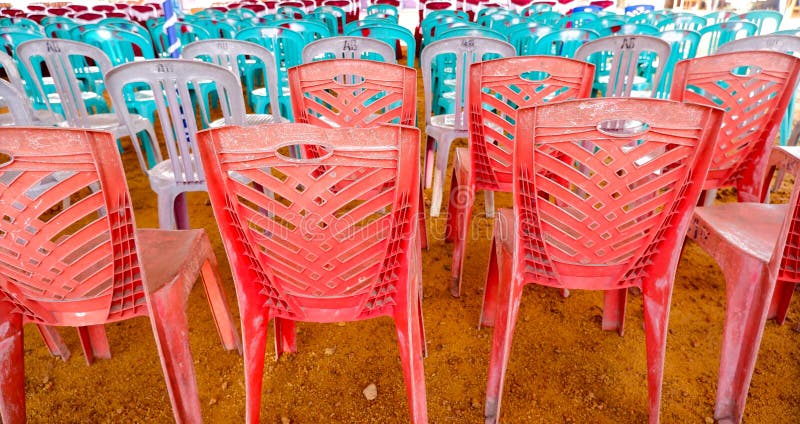 Rows of Red and Light Blue Plastic Chairs Stock Image - Image of relax ...