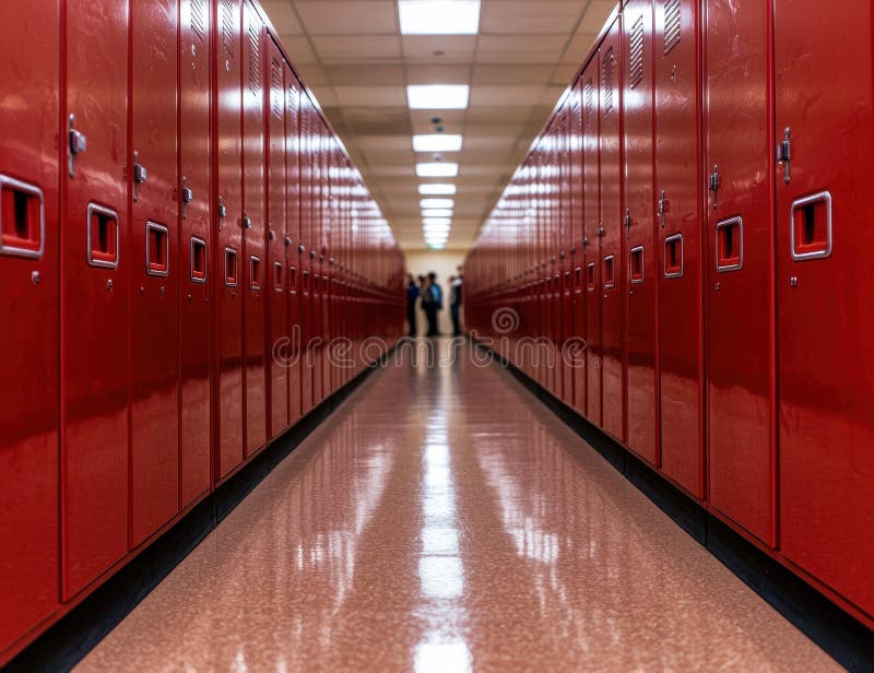 Rows of Red Lockers in a School Hallway Stock Illustration ...