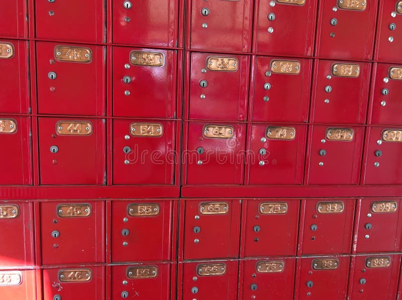 Rows of Red Metal Post Office Boxes on a Wall in the Post Office Stock ...