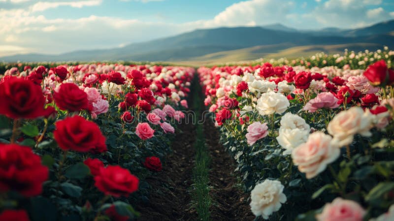 Rows of Red, Pink, and White Roses in a Field Stock Illustration ...