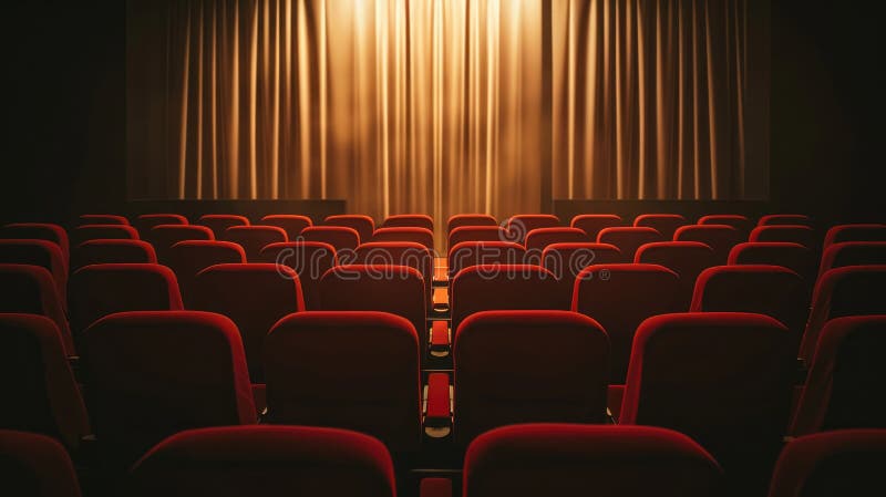 Rows of Red Seats Face a Closed Curtain in Darkness, Awaiting an Event ...
