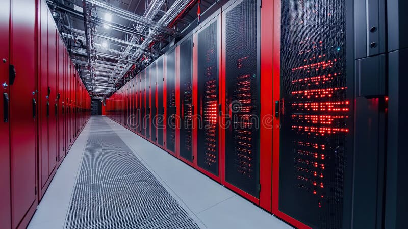 Rows of Red Server Racks Illuminate a Modern Data Center Hallway Stock ...
