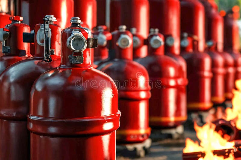 Rows of Red Steel Gas Cylinders Near Fire. Stock Illustration ...