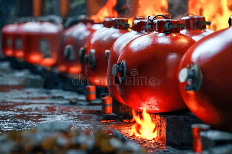 Rows of Red Steel Pressure Gas Tanks in Fire Stock Illustration ...