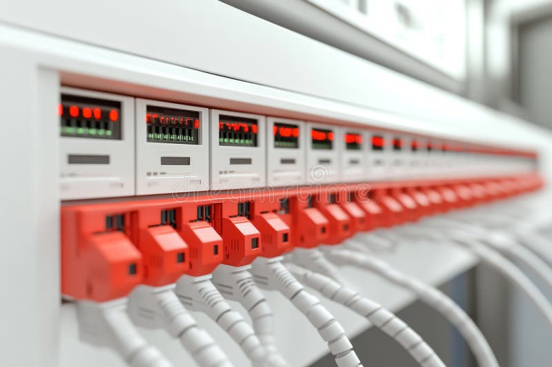 Rows of Red and White Ethernet Cables Plugged into a Network Hub ...